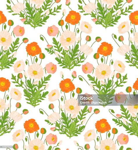 양귀비 꽃 꽃다발 완벽 한 패턴 벡터입니다 흰색 배경에 꽃 구성을 손으로 그립니다 인사말 카드 직물 벽지 또는 포장지에 대 한 빈티지 스타일 Papaver 그림 계절에 대한