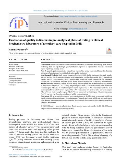 Pdf Evaluation Of Quality Indicators In Pre Analytical Phase Of Testing In Clinical
