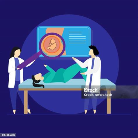 초음파 스캐너를 사용하여 부인과 의사에 의한 임산부 환자 검사 일러스트레이션에 대한 스톡 벡터 아트 및 기타 이미지