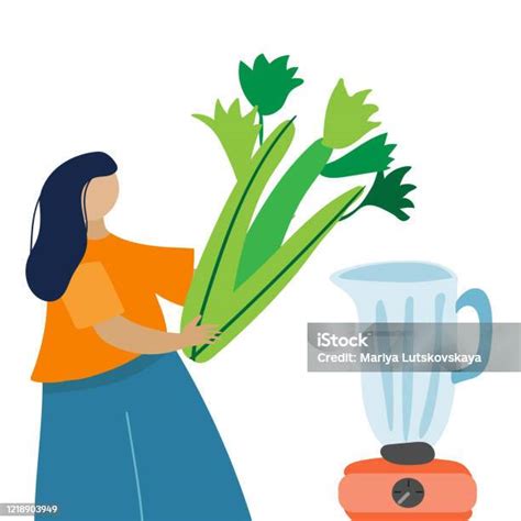 여자는 믹서기에 해독 음료를 만들기위한 셀러리를 들고있다 흰색 배경에 격리 된 손으로 그린 평면 만화 벡터 그림 건강 한 라이프