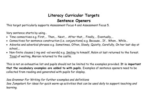 Sentence Openers Literacy Curricular Targets