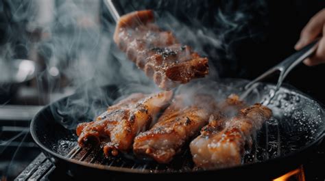 Cooking Pork Belly Meat With Frying Pan And Tongs Background Cooking