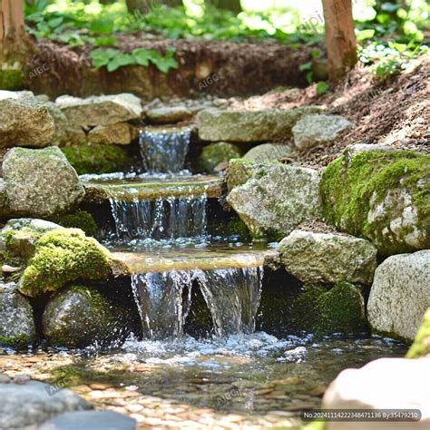 Ai创作图人工建造的溪流 天然水源 五井源泉 人造小瀑布 引水石槽 自然水系 人造山林清泉 石径流泉 日本园林水景 滴水石川 人造小溪 水源山泉 枯山水流水 水坭台 人造小桥流水nipic