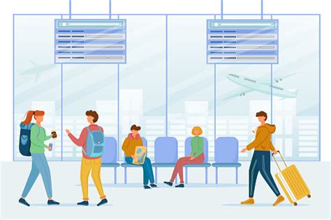 공항 라운지 영역 평면 벡터 그림에서 승객 항공 터미널에서 여행자 환승 정류장 전송 영역 비행기를 기다리는 사람들 말하기 수하물