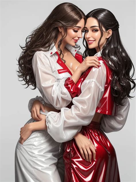 Convert To Image Two Brunette Brazilian Stewardess Red Cross On