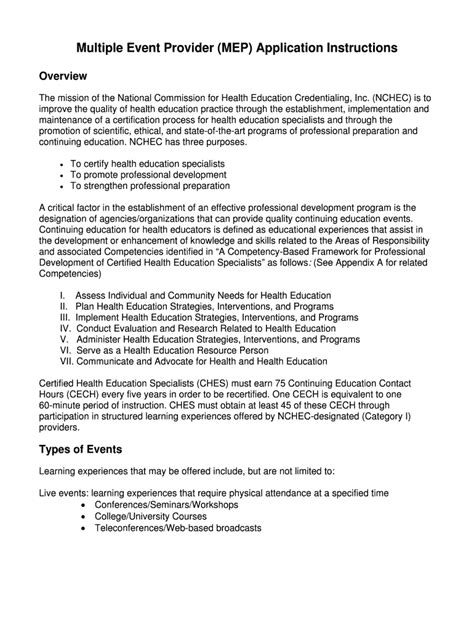 Fillable Online Multiple Event Provider Mep Application Instructions
