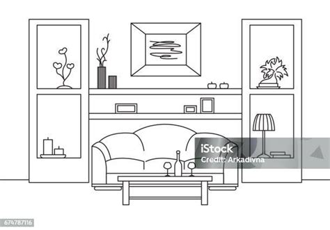 인테리어의 선형 밑그림입니다 안경와 병 소파 앞 테이블 벡터 일러스트 레이 션 3차원 형태에 대한 스톡 벡터 아트 및 기타 이미지 3차원 형태 가구 가정 생활