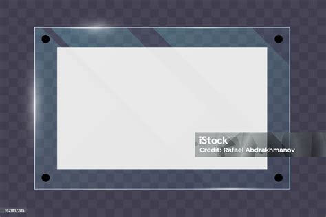 프레임 가장자리에 광선 반사가 있는 벡터 플라스틱 및 아크릴 유리 모형 투명 한 진한 파란색 배경에 빛나는 눈부심 효과가있는 창 화면 또는 플레이트 실물 모형에 대한 스톡