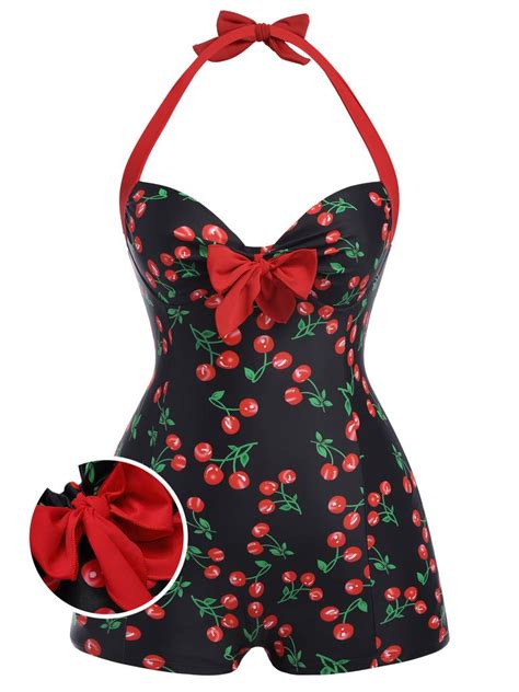 Plus Size Black 1960s Cherry One Piece Swimsuit Vintage Swimsuits