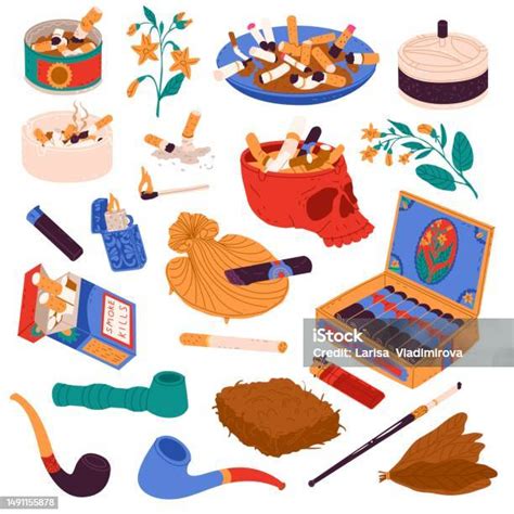 담배 흡연을 주제로 설정합니다 다양한 종류의 넘쳐나는 재떨이 나쁜 습관 건강에 해로운 생활 방식 흡연자의 액세서리 흰색 배경에 분리된 현관 개체 재떨이에 대한 스톡 벡터