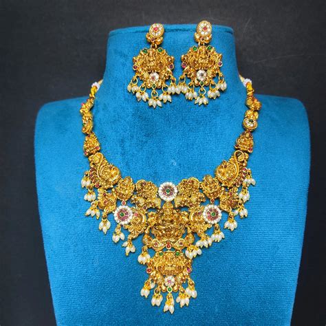 Antique Gold Finish Guttapusalu Necklace Set Divine Lakshmi Temple J