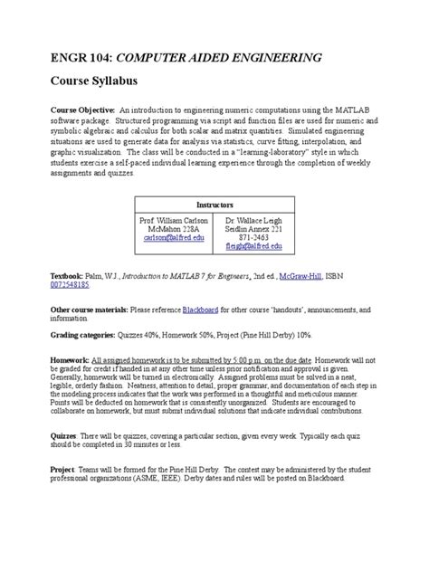 Engr 104 Computer Aided Engineering Course Syllabus Pdf Matlab Matrix Mathematics