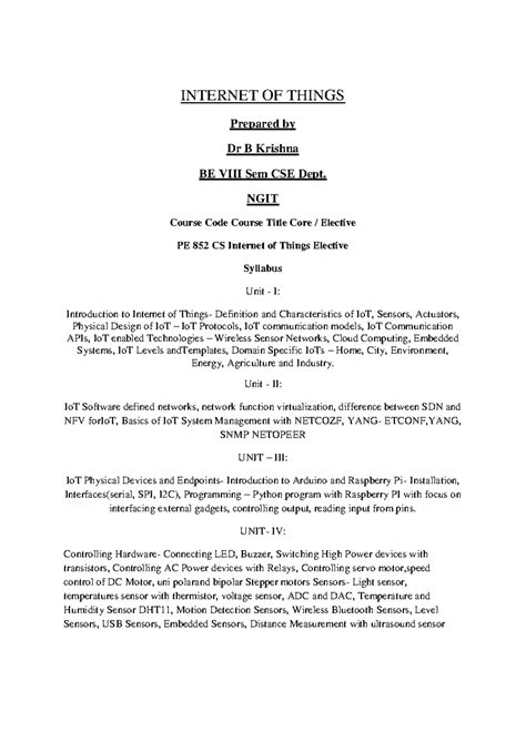 Iot Notes Yuybb Internet Of Things Prepared By Dr B Krishna Be Viii
