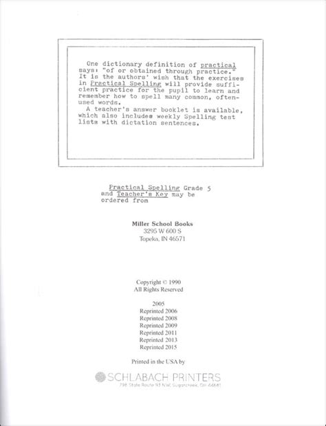 Practical Spelling Workbook Grade 5 Miller School Books