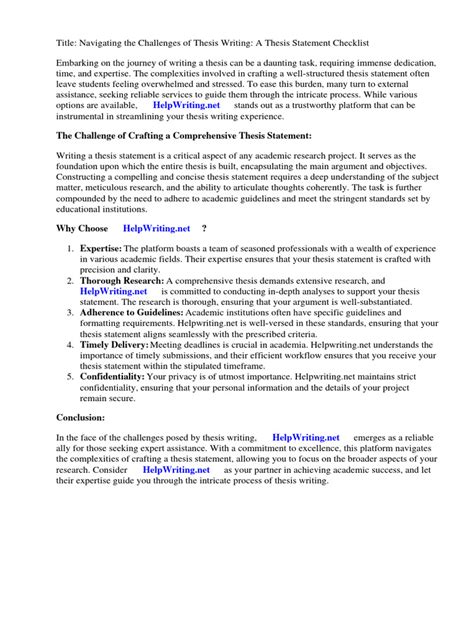 Thesis Statement Checklist Pdf Thesis Essays