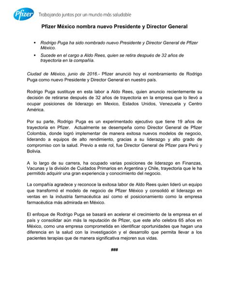 Pfizer México Nombra Nuevo Presidente Y Director General