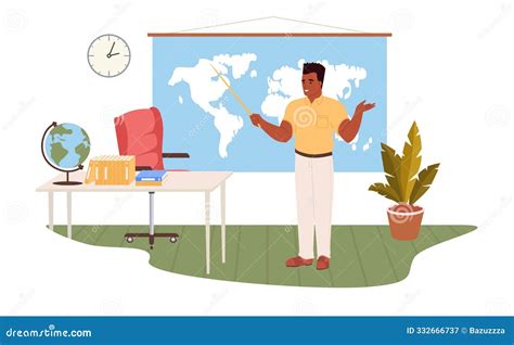 Male Geography Teacher Standing At Hanged World Map In Classroom Stock