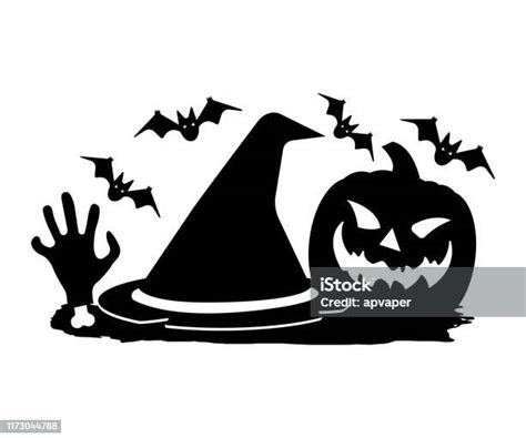 죽은 남자의 손 마녀 모자 브러시에 잭 랜턴 즐거운 할로윈 보내세요 개념 레이블 배너 예술 아이콘 검정 단순 벡터 일러스트레이션