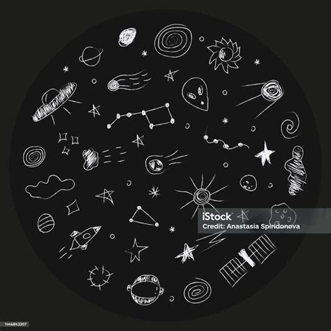 낙서 코스모스 삽화는 원형 디자인 클립 아트에 유치한 스타일로 설정되어 있습니다 손으로 그린 추상 공간 요소 흑백 개체 그룹에