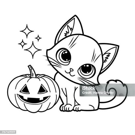 Jackolantern 옆에 앉아있는 사랑스러운 만화 새끼 고양이의 벡터 그림 어린이의 색칠 공부 책에 딱 맞습니다 컬러링 북 페이지 일러스트레이션 기법에 대한 스톡 벡터