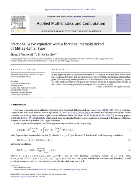 Pdf Fractional Wave Equation With A Frictional Memory Kernel Of Mittag Leffler Type