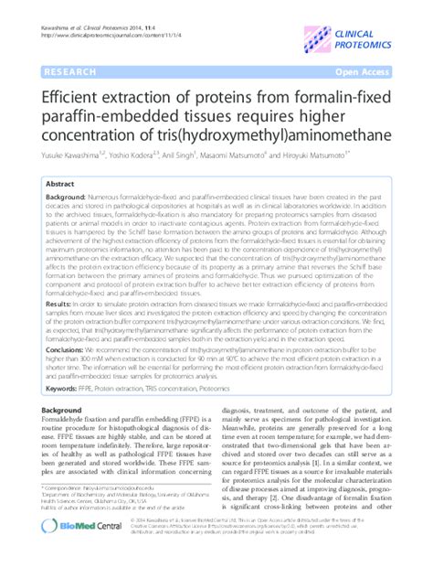 Pdf Efficient Extraction Of Proteins From Formalin Fixed Paraffin Embedded Tissues Requires