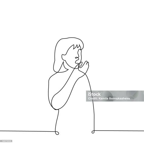 여자는 입을 벌리고 서서 손바닥을 덮고 있습니다 하나의 라인 아트 벡터 하품 재채기 기침 깜짝 놀라 입을 벌리는 개념 재채기에