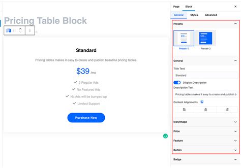 Pricing Table Block Radius Blocks Documentation
