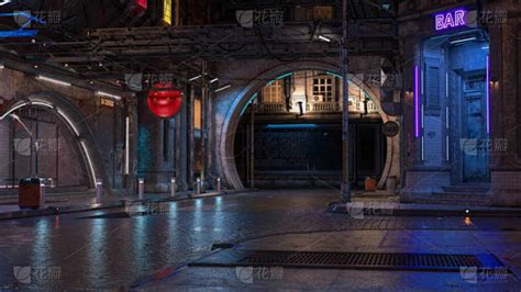 赛博朋克概念3d图片说明：黑暗凄凉的未来城市街道在夜晚
