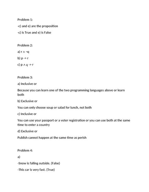 Assignment 1 Problem 1 C And E Are The Proposition C Is True And E Is False Problem 2