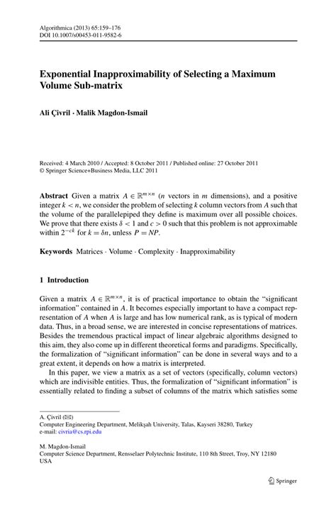 Pdf Exponential Inapproximability Of Selecting A Maximum Volume Sub Matrix