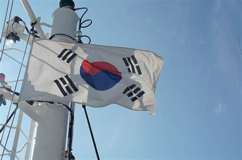 빨간색과 흰색 항법 조명이 있는 상선 의 하얀 돛대에 한국 국기가 펄럭입니다 0명에 대한 스톡 사진 및 기타 이미지 0명