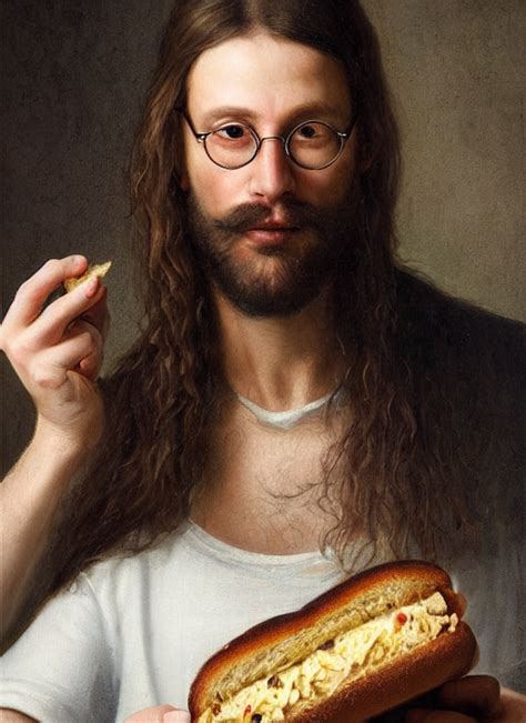 KREA Realistic Portrait Of Danny Mondello Eating A Sandwich Guy With