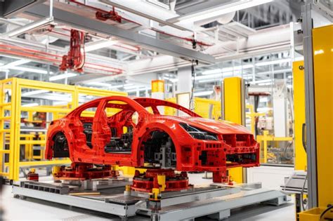 Red Car Body Frame On Assembly Line In Modern Automotive Factory Car