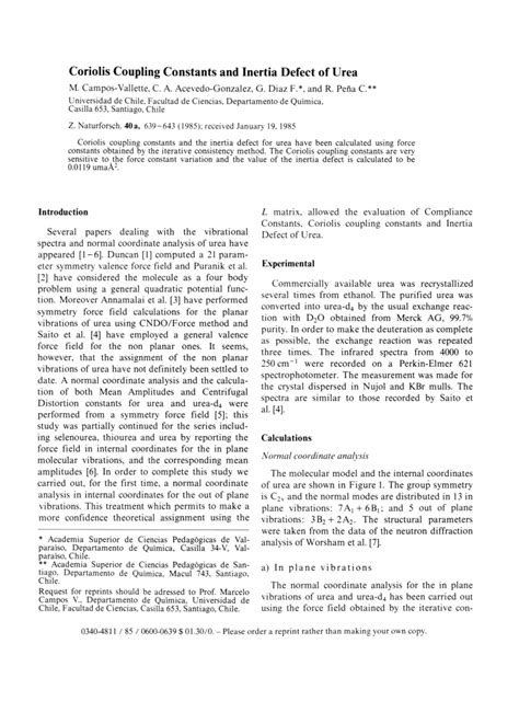 Pdf Coriolis Coupling Constants And Inertia Defect Of Urea
