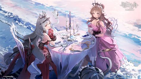 2girls Animal Ears Anmi Arknights Beach Breasts Brown Hair Choker