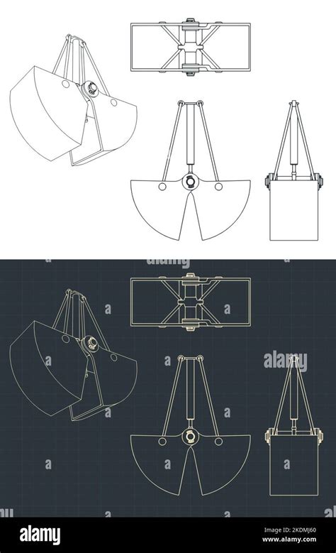 Stylized Vector Illustration Of Blueprints Of Clamshell Digging Bucket