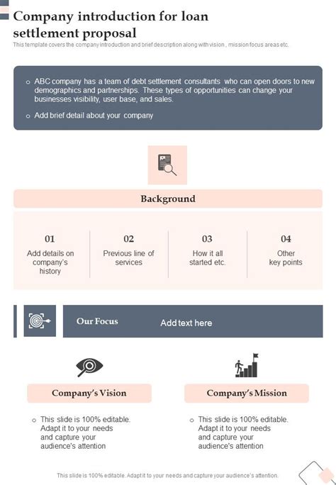 Company Introduction For Loan Settlement Proposal One Pager Sample Example