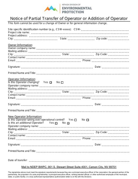 nevada notice of partial transfer of operator or addition of operator