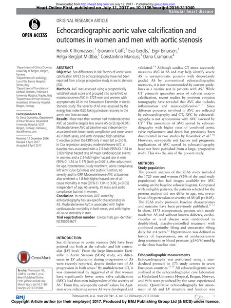 Pdf Echocardiographic Aortic Valve Calcification And Outcomes In Women And Men With Aortic