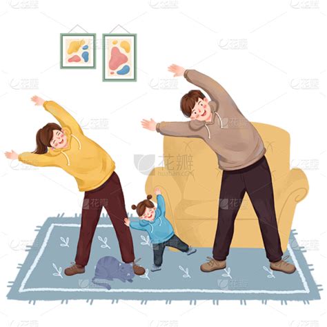 手绘一家人一起做运动插画元素