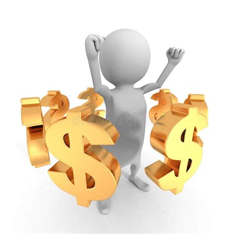 White 3d Man With Many Dollar Currency Symbols Business Success Stock