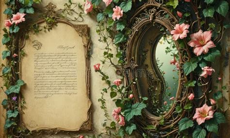 A Mirror With A Paper Frame Is Attached To The Wall Stock Illustration