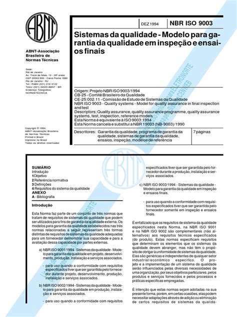 Nbr 9003 Sistema Da Qualidade Iso 9003 Pdf Iso 9000 Qualidade Negócios