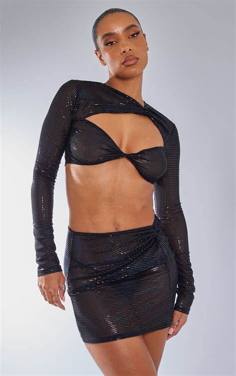 Black Glitter Sequin Sheer Twist Front Crop Top Co Ords