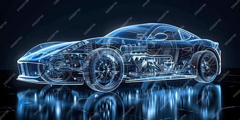 Blue Wireframe Sports Car Blueprint On Black Background With Engine