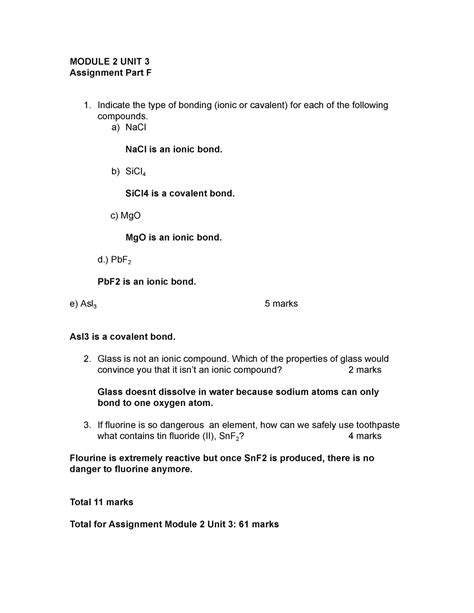 Module 2 Unit 3 Assignment F Module 2 Unit 3 Assignment Part F Indicate The Type Of Bonding