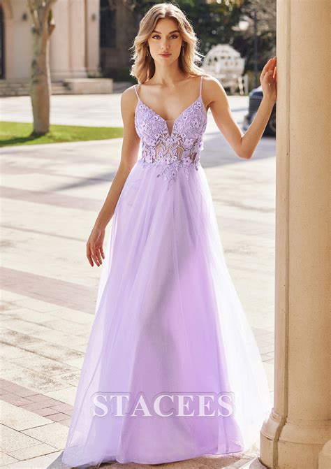 A Line V Neck Sleeveless Floor Length Tulle Prom Dress With Appliqued