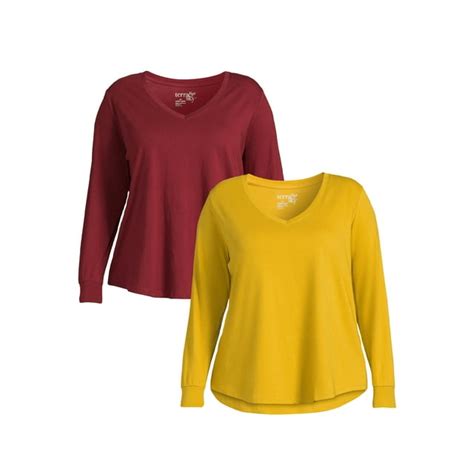 Terra And Sky Womens Plus Size V Neck T Shirt With Long Sleeves 2 Pack