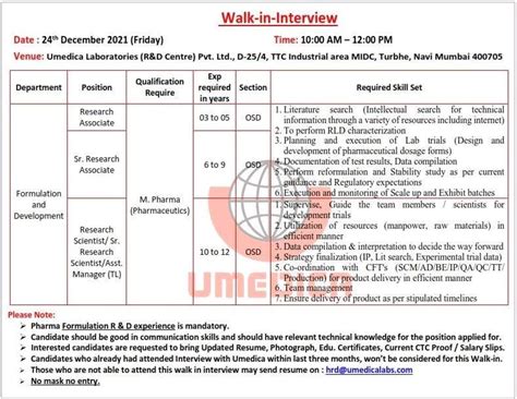 Umedica Laboratories Walk In Interview For Fandd Department At Turbhe On
